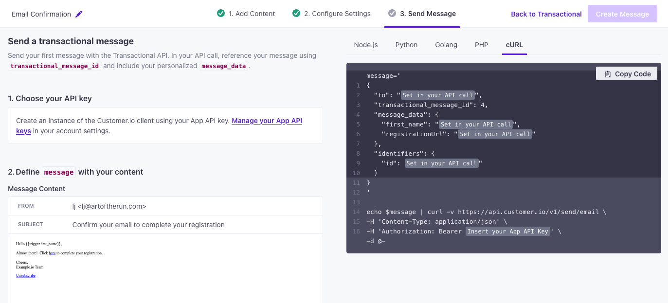 Set up a transactional email | Customer.io Docs